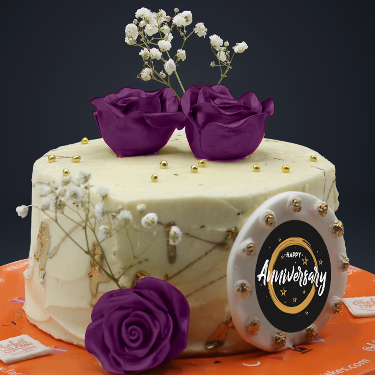 Cream cake with Purple Fondant Roses Anniversary Theme – Sacha's Cakes
